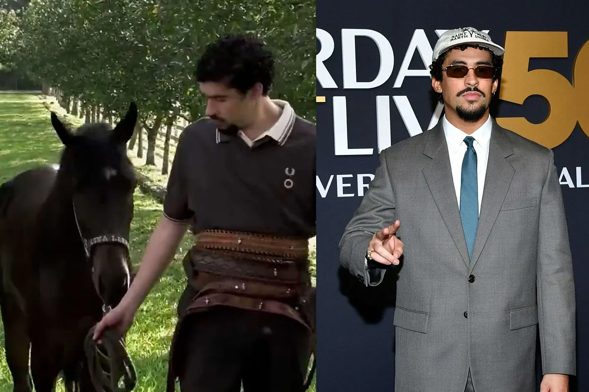 Bad Bunny gets pushed by a horse during a photoshoot and his reaction ...