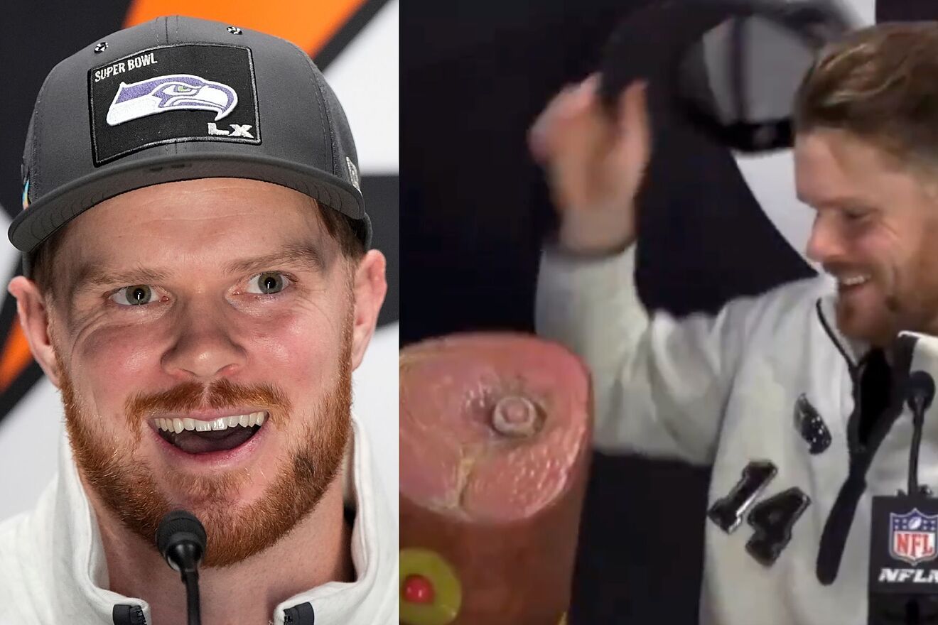 Sam Darnold provokes laughs by wearing a ham hat before Super Bowl LX ...