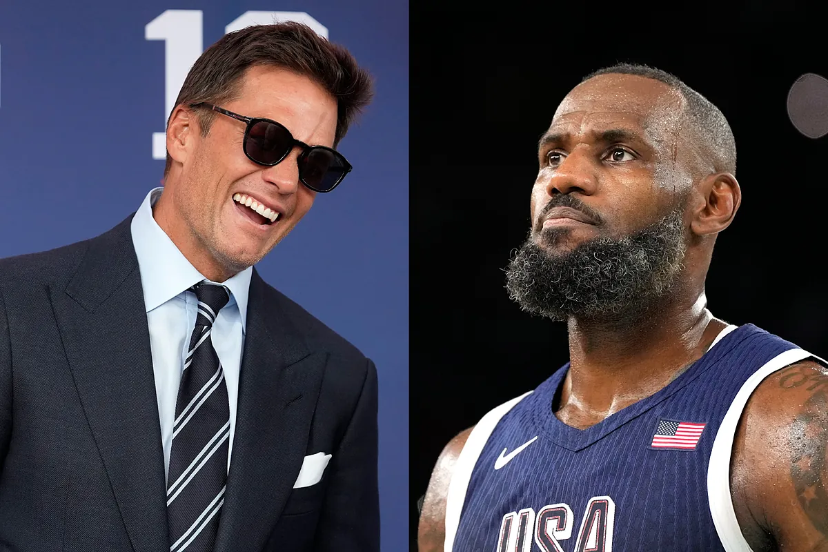 LBJ keeps an eye on Tom Brady and Savannah James body contact during ...